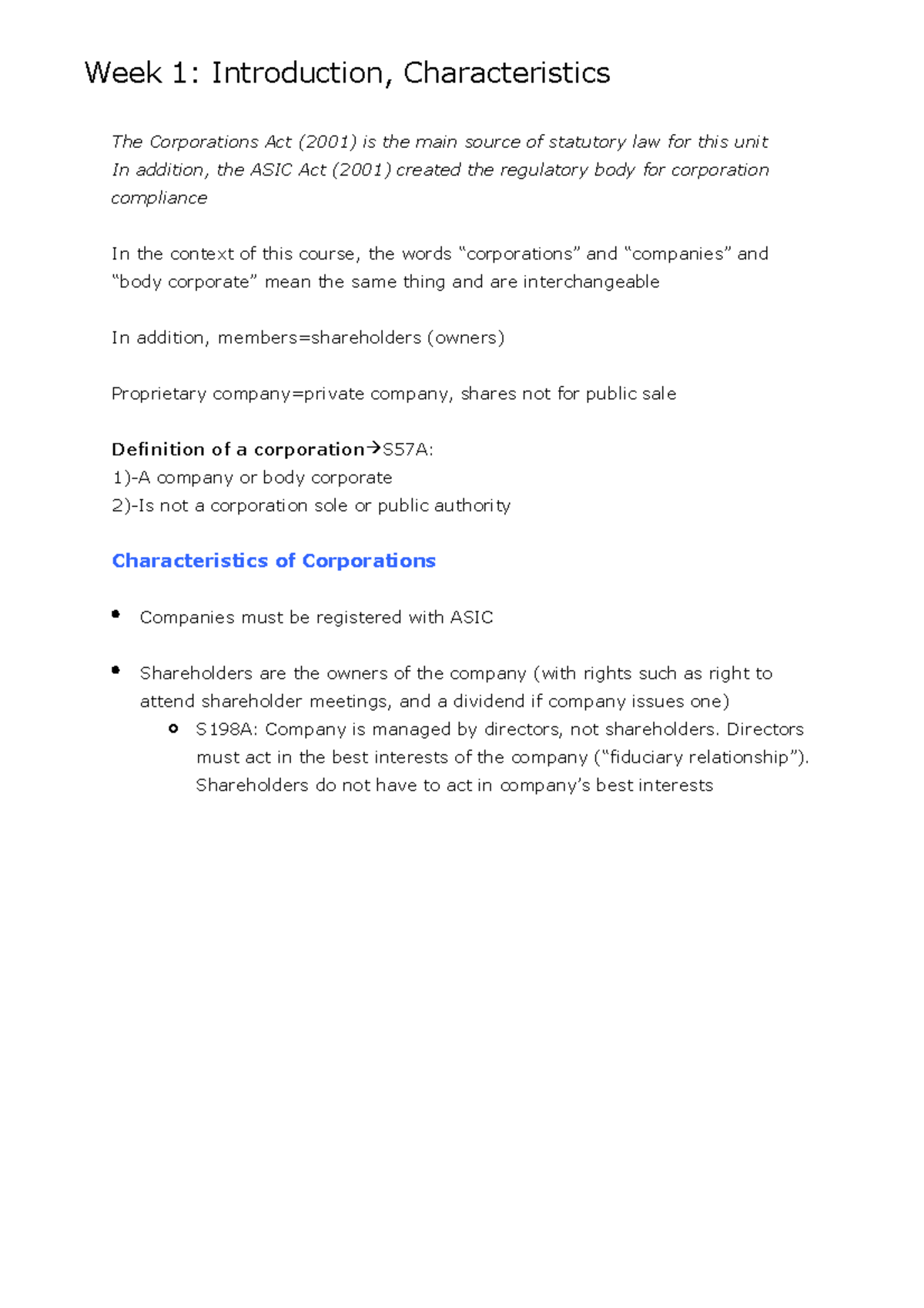 CLAW2201 Notes - Week 1: Introduction, Characteristics The Corporations ...