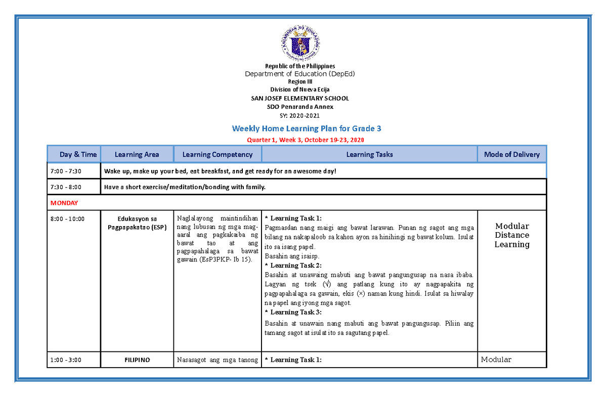 WHLP 3 week 3 - .... - Weekly Home Learning Plan for Grade 3 Quarter 1 ...