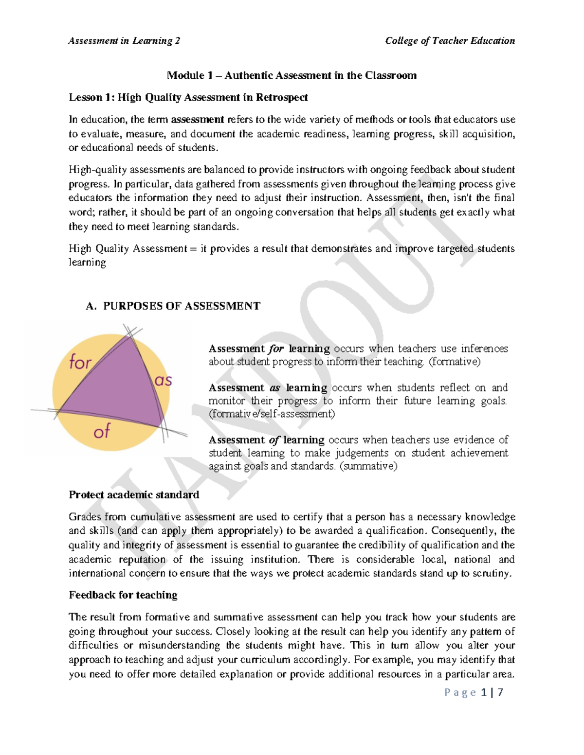 494697075 High Quality Assessment - Module 1 – Authentic Assessment in the Classroom Lesson 1 ...
