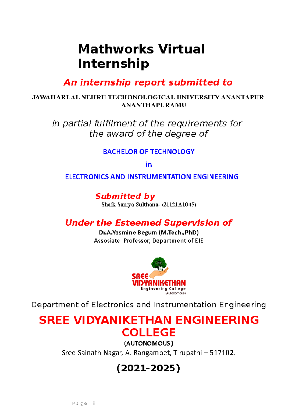 Report mathworks harini tonpe - Mathworks Virtual Internship An internship report submitted to ...