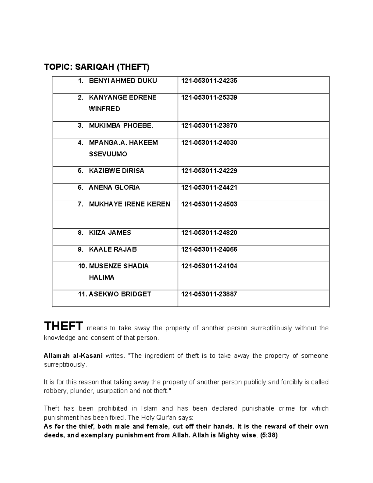Theft Presentation 2 075348 - TOPIC: SARIQAH (THEFT) 1. BENYI AHMED ...
