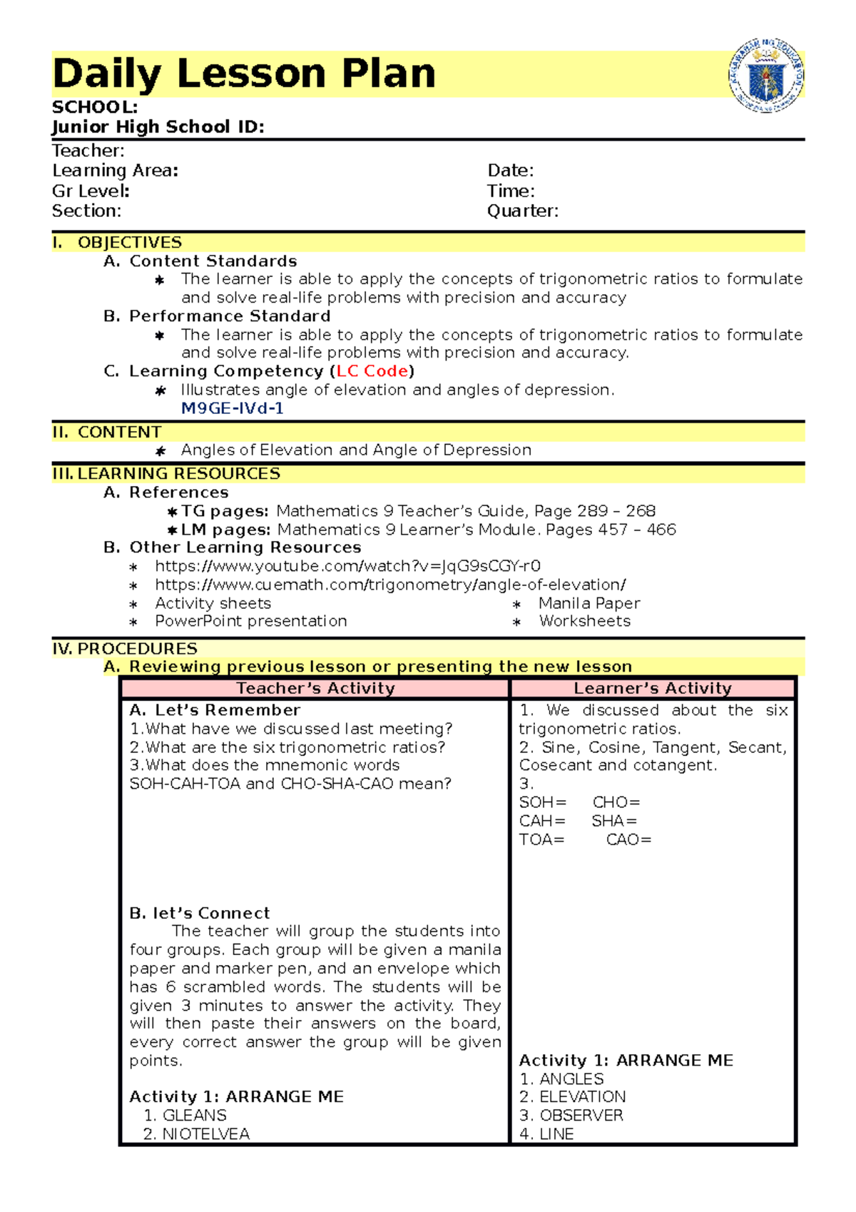 DLL MATH - angles of elevation and depression - Daily Lesson Plan ...