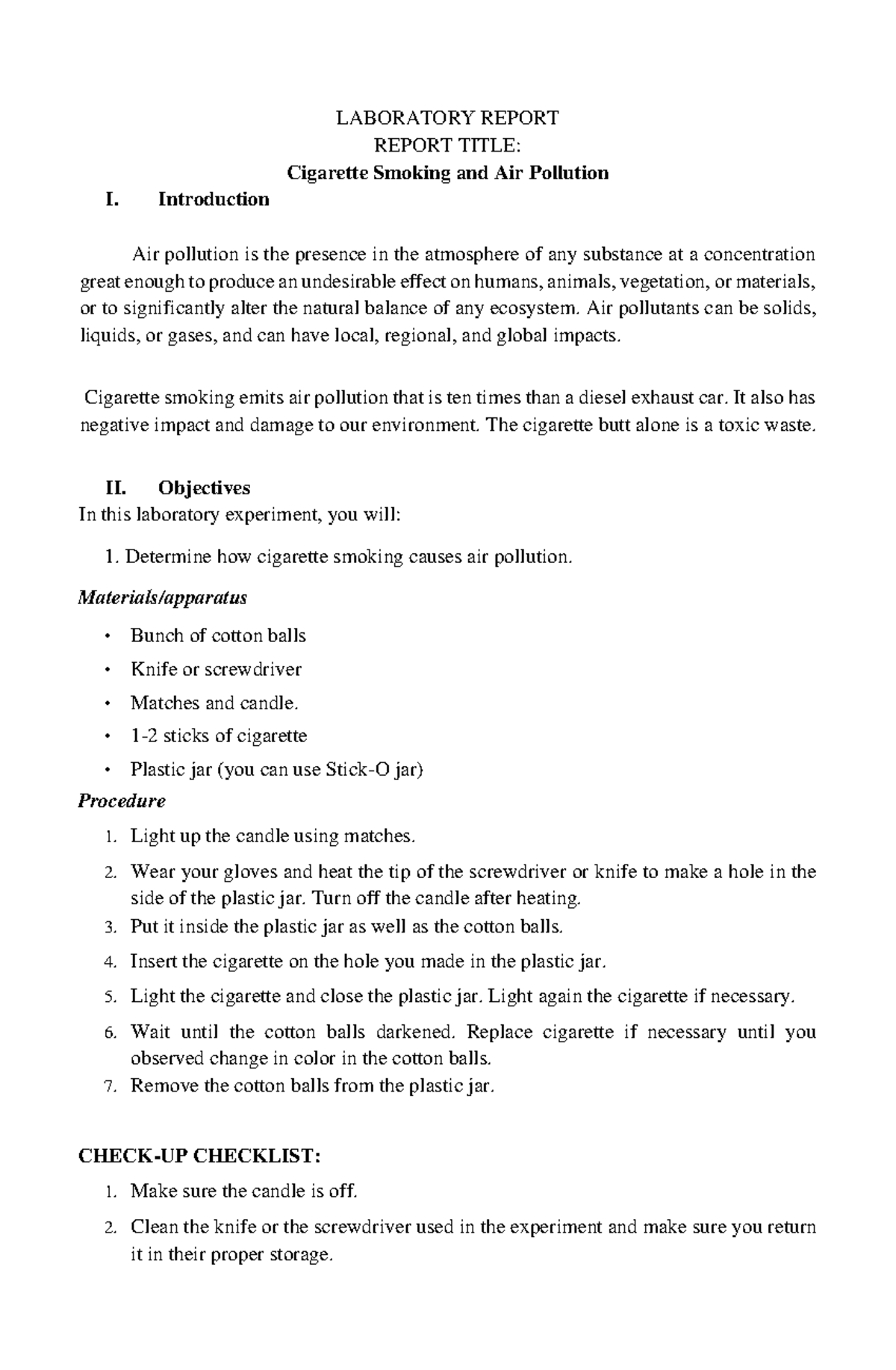 Laboratory Report - Cigarette Smoking and Air Pollution - LABORATORY ...