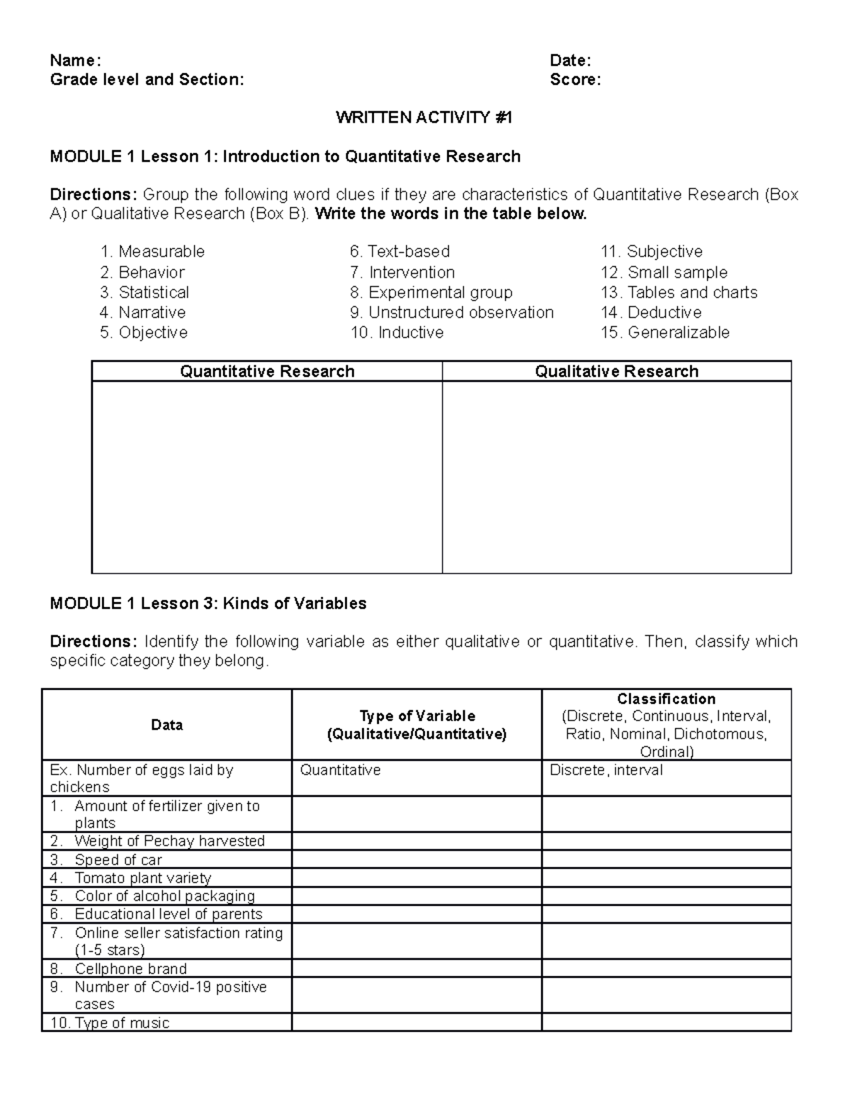Written- Activity-1 - Name: Date: Grade level and Section: Score ...