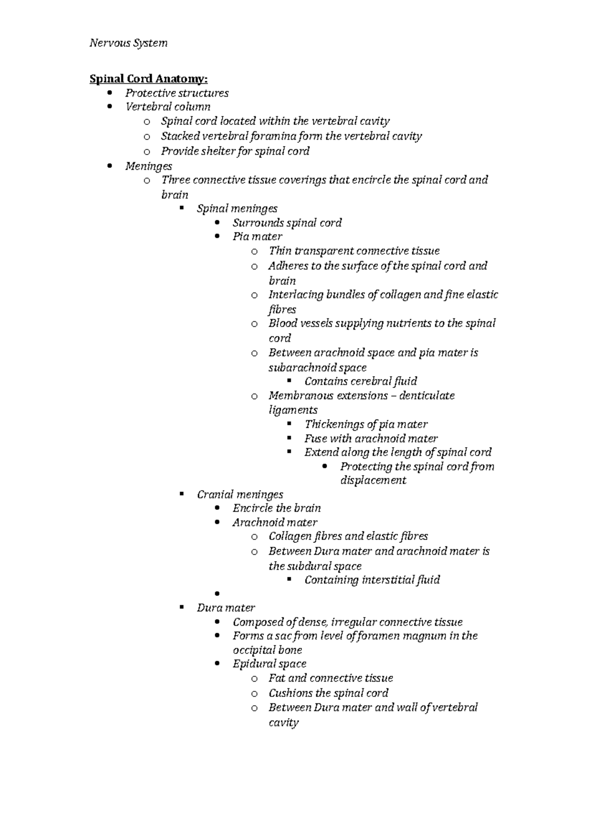 Spinal Cord Anatomy Lecture Notes - Spinal Cord Anatomy: Protective ...