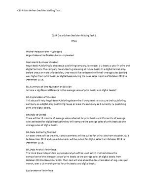 C207 Task 1 - follow rubric - Western Governors University C207-Data Drive Decision Making- Task ...