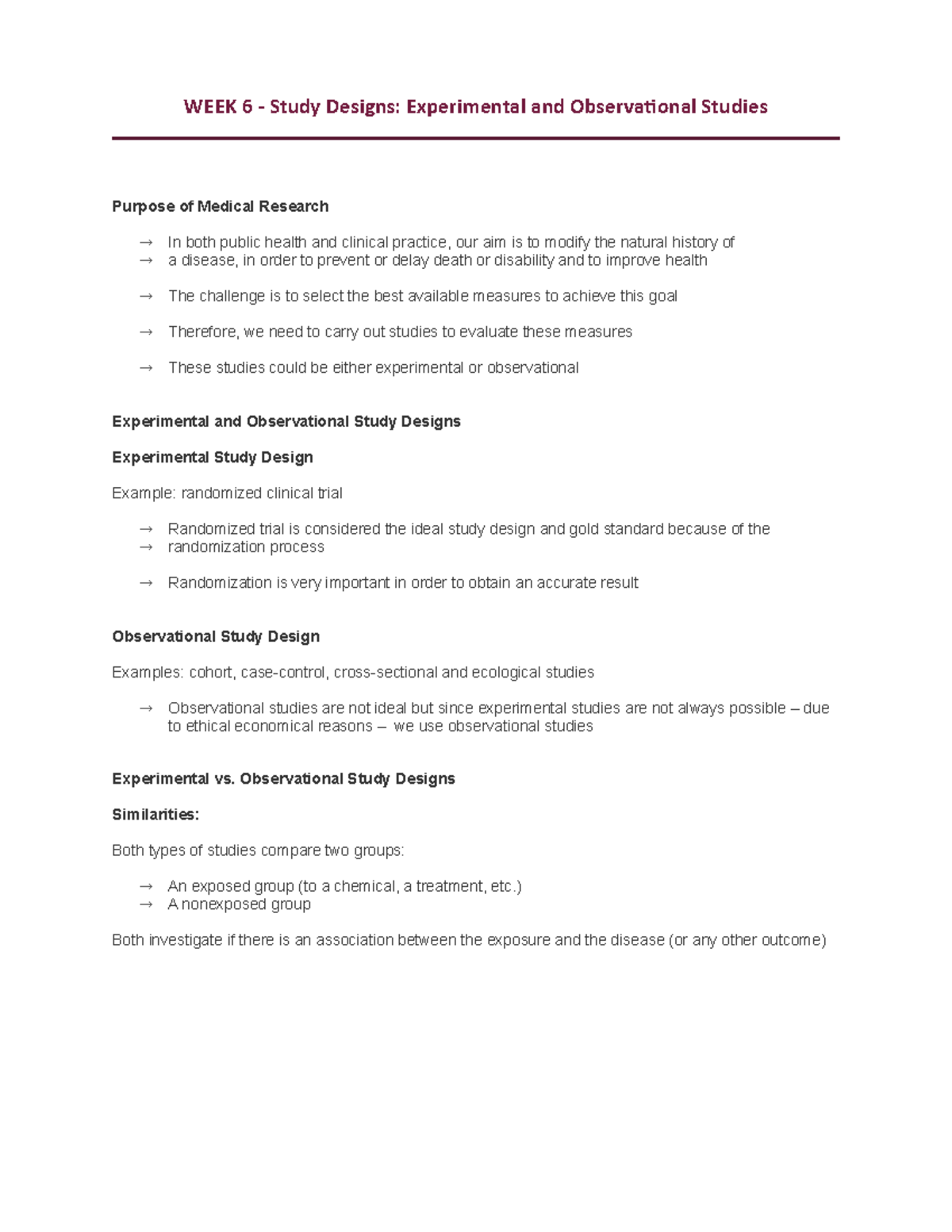 WEEK 6 - Study Design - WEEK 6 - Study Designs: Experimental and ...