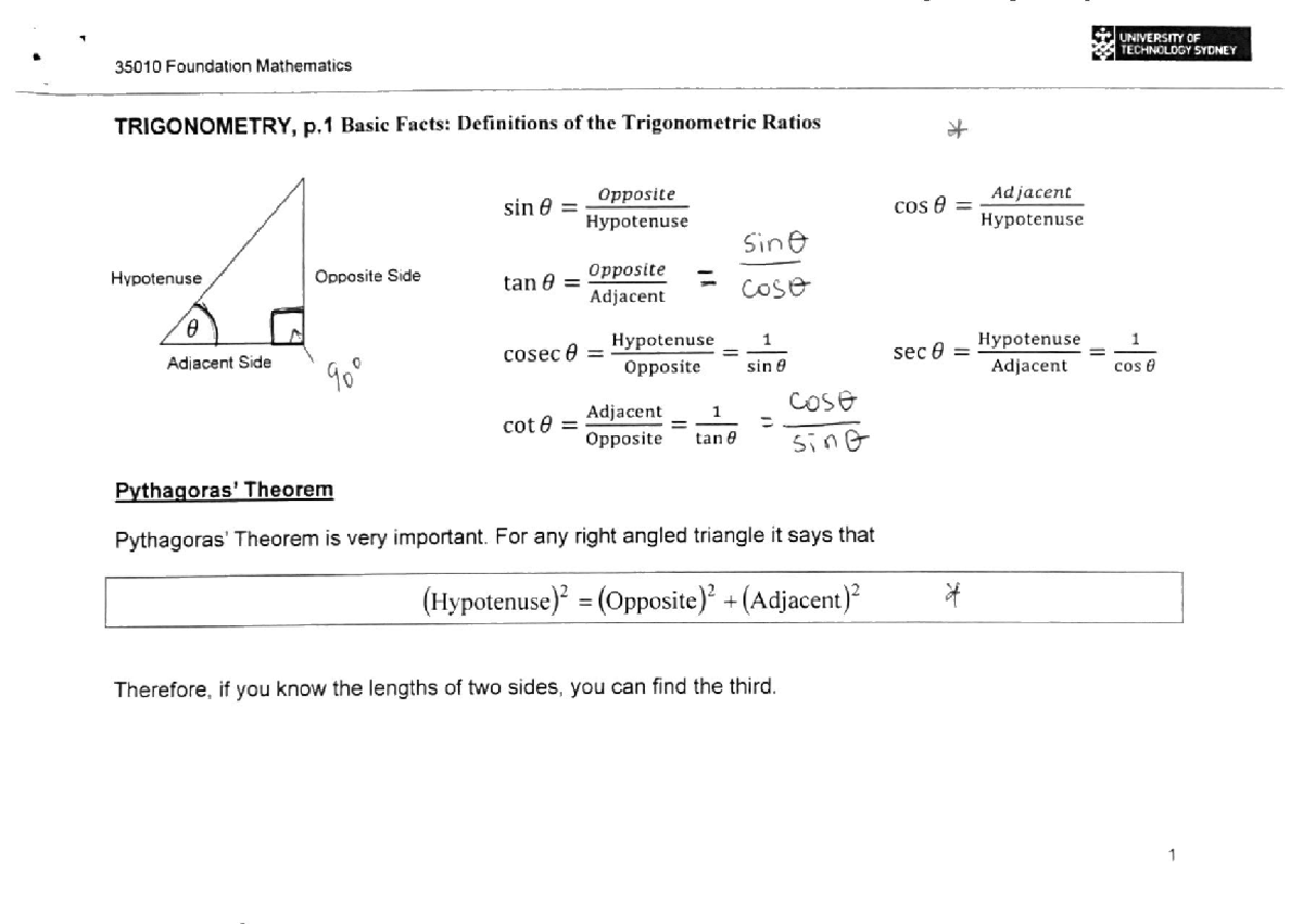 The annotated notes from week 6 , cover the topic trigonometric ...