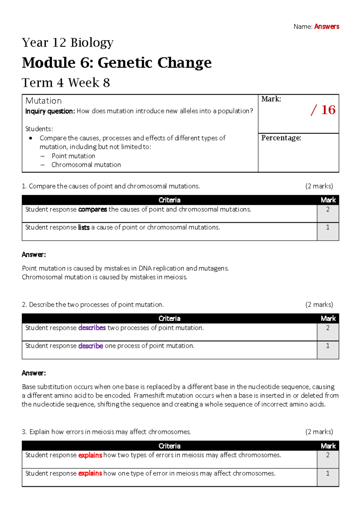 1 - 2 - Answers - BIO Question + Answer - Name: Answers Year 1 2 ...