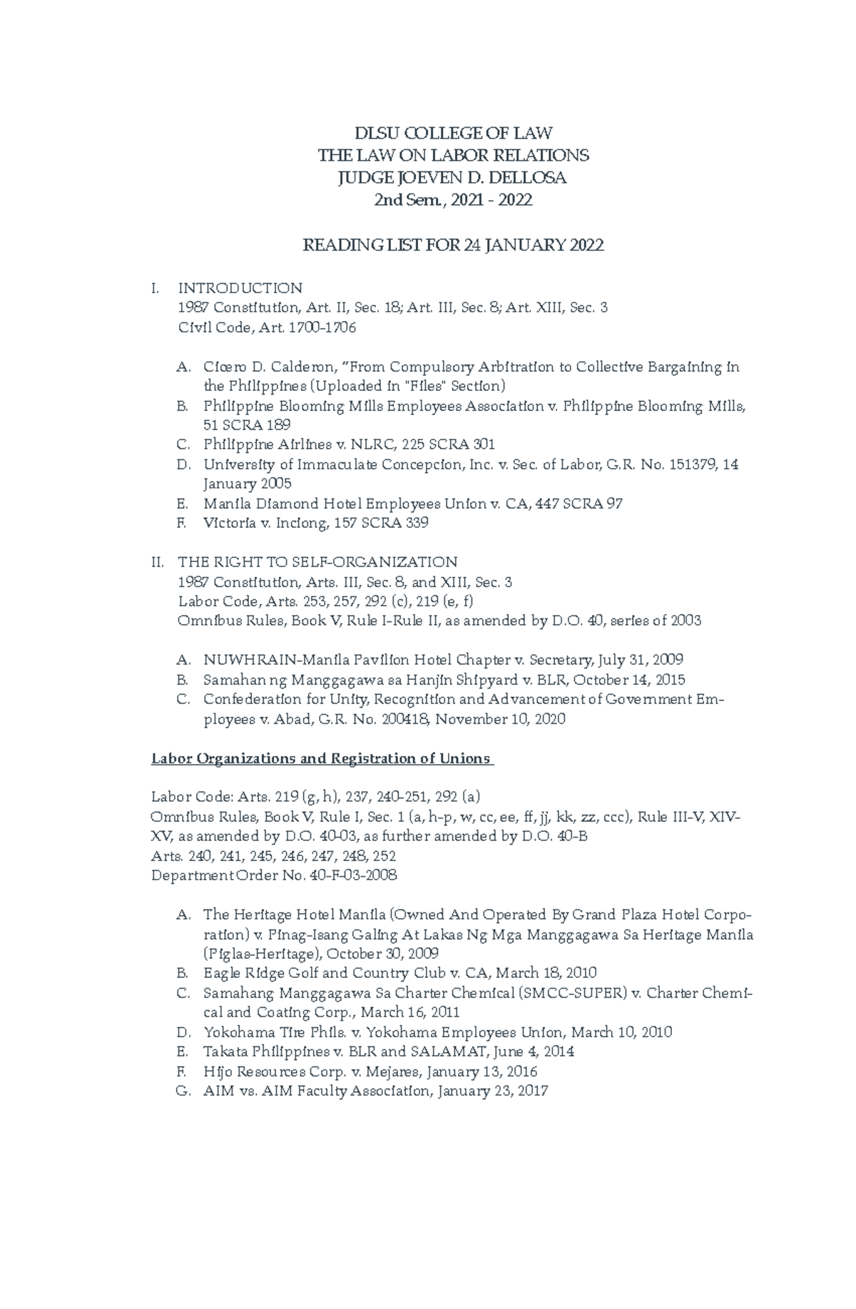 Reading LIST FOR 24 January 2022 - DLSU COLLEGE OF LAW THE LAW ON LABOR ...