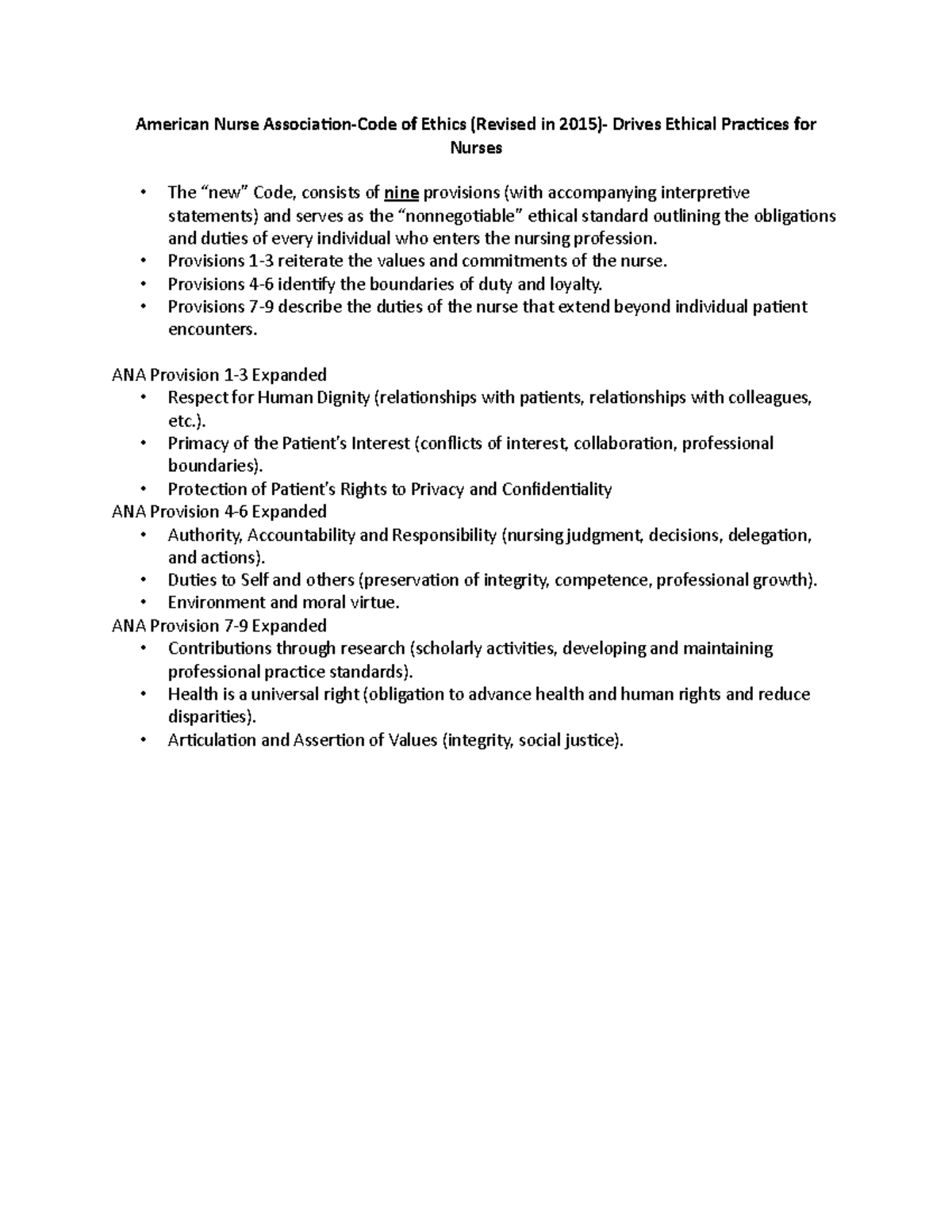 American Nurse Association-Code of Ethics - Provisions 1-3 reiterate ...