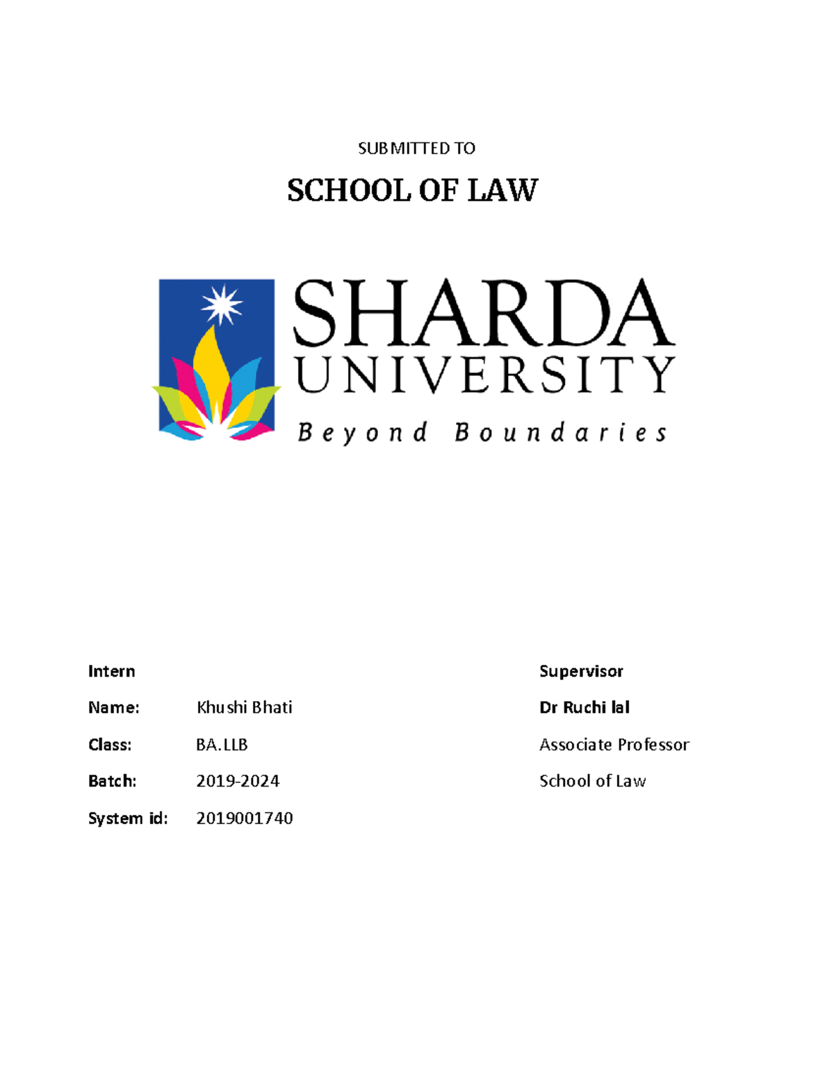 internship report - SUBMITTED TO SCHOOL OF LAW Intern Supervisor Name ...