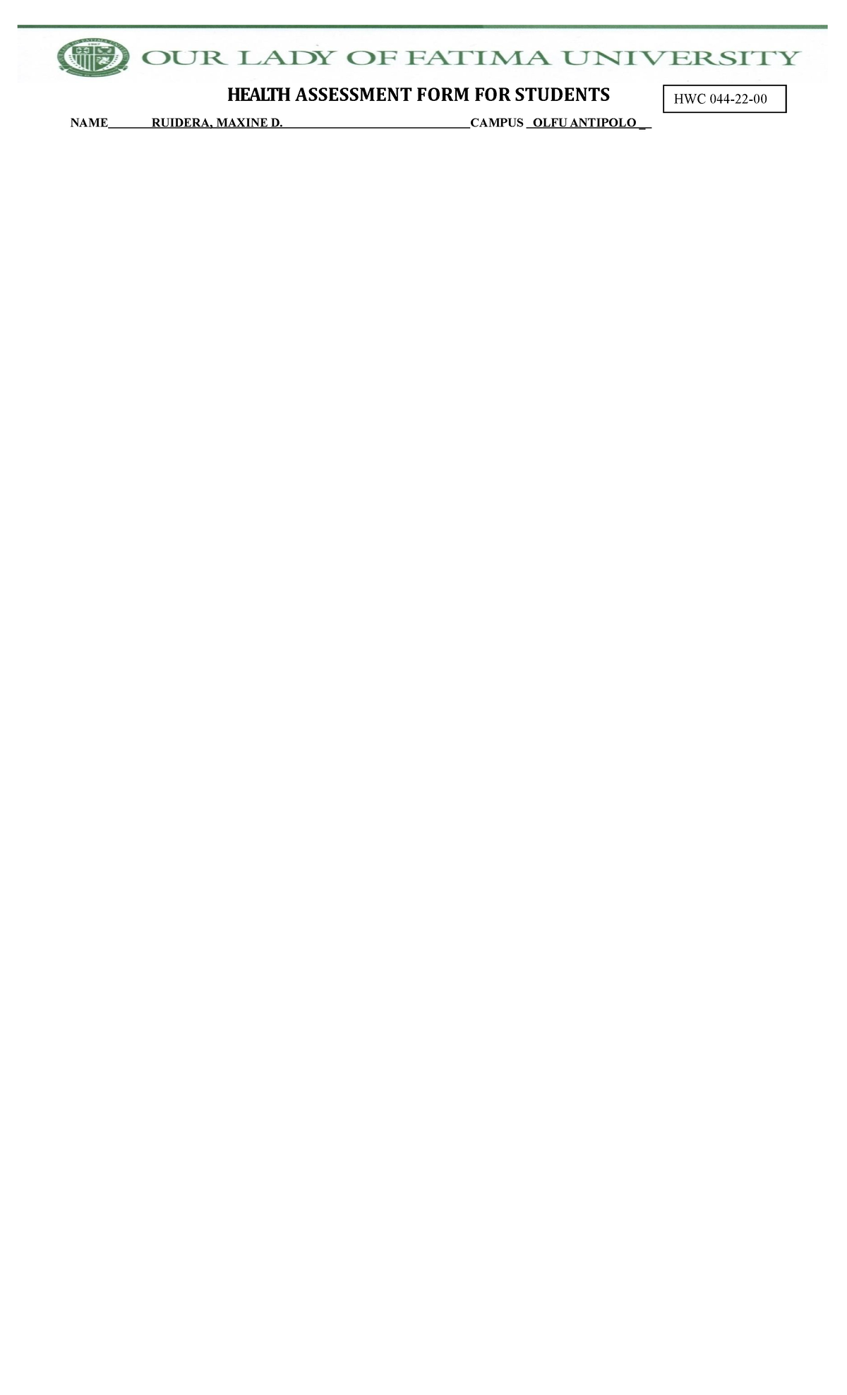 Revised HAF 2022 for students 1 - HEALTH ASSESSMENT FORM FOR STUDENTS ...