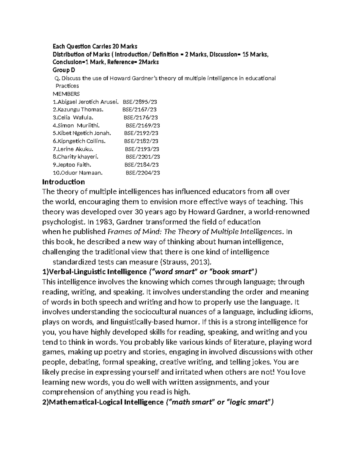 Psy group assignment - Each Question Carries 20 Marks Distribution of ...