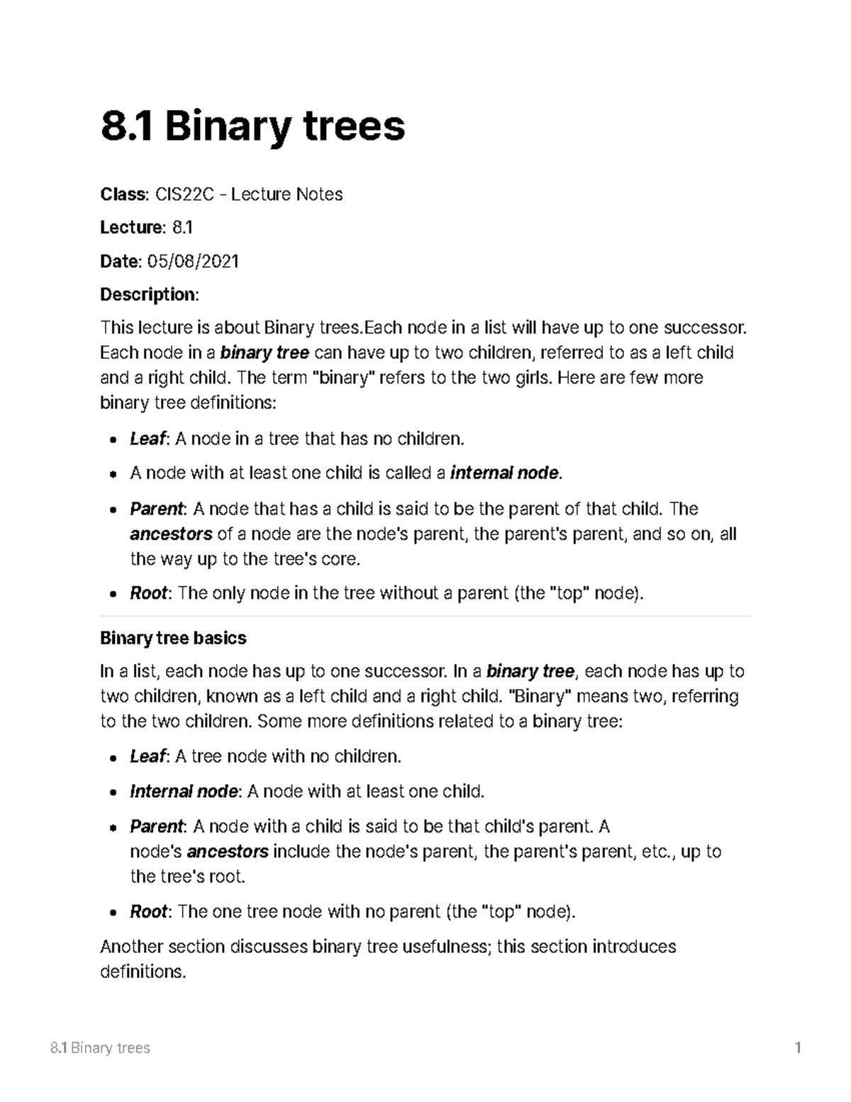 8 Lecture Notes 8 1 8 Binary Trees Class Cis22c Lecture Notes