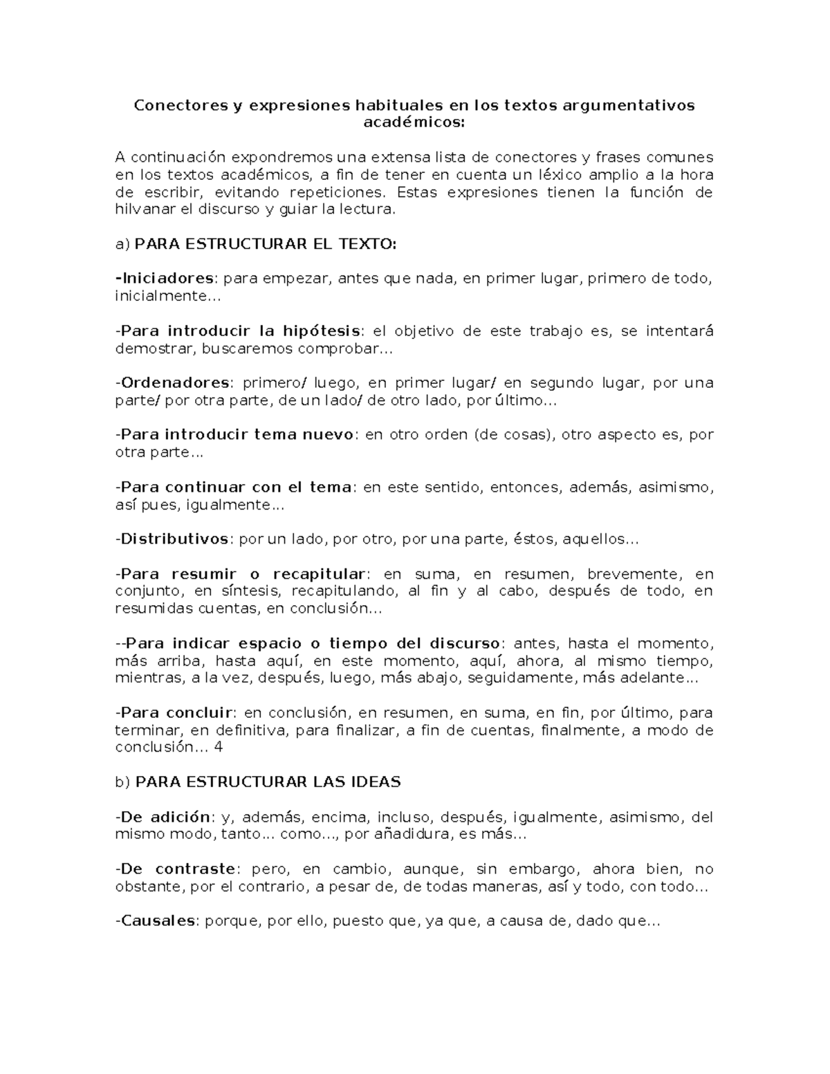 Conectores y expresiones habituales en los textos argumentativos ...