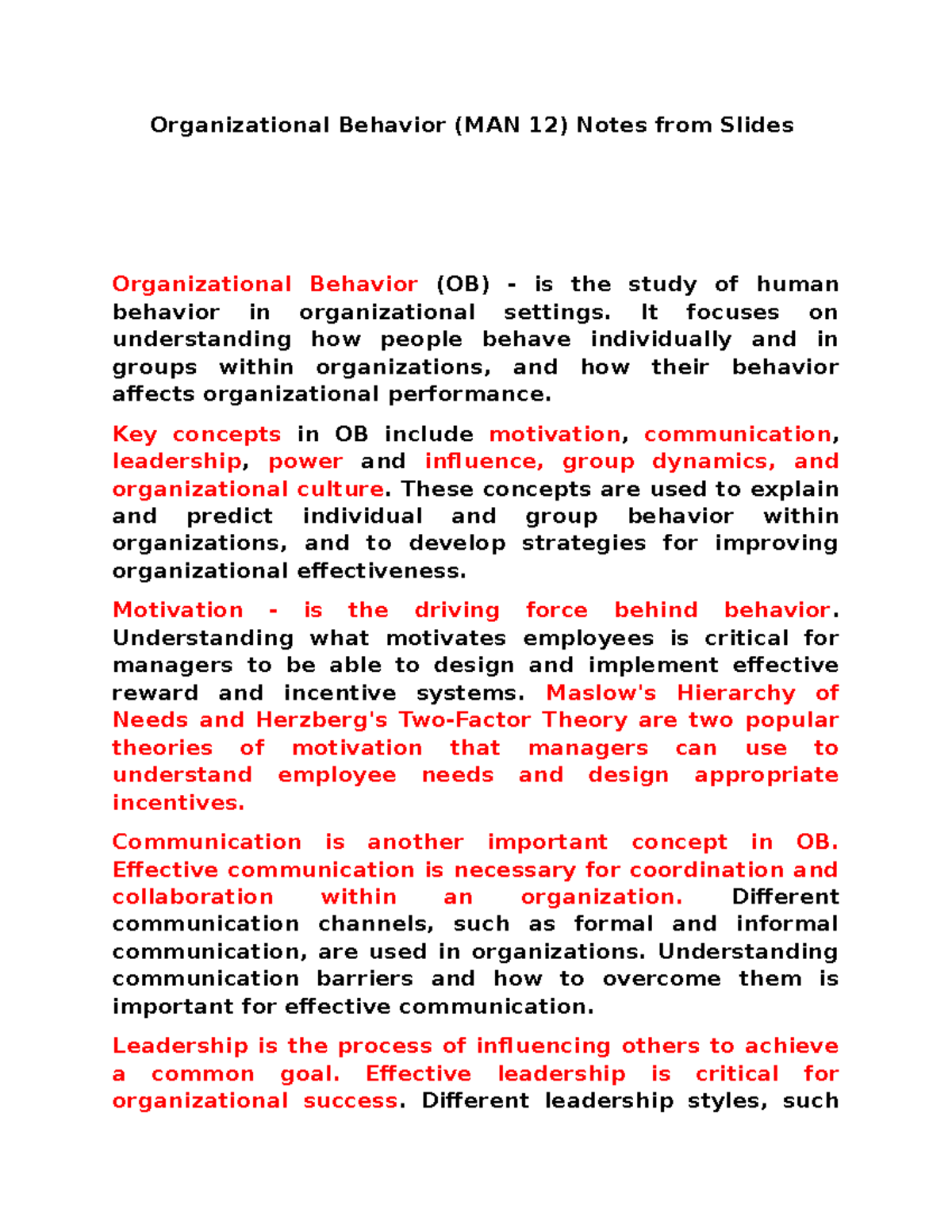 Organizational Behavior MAN 12 Notes Chp 1 to Chp 3 - Organizational ...