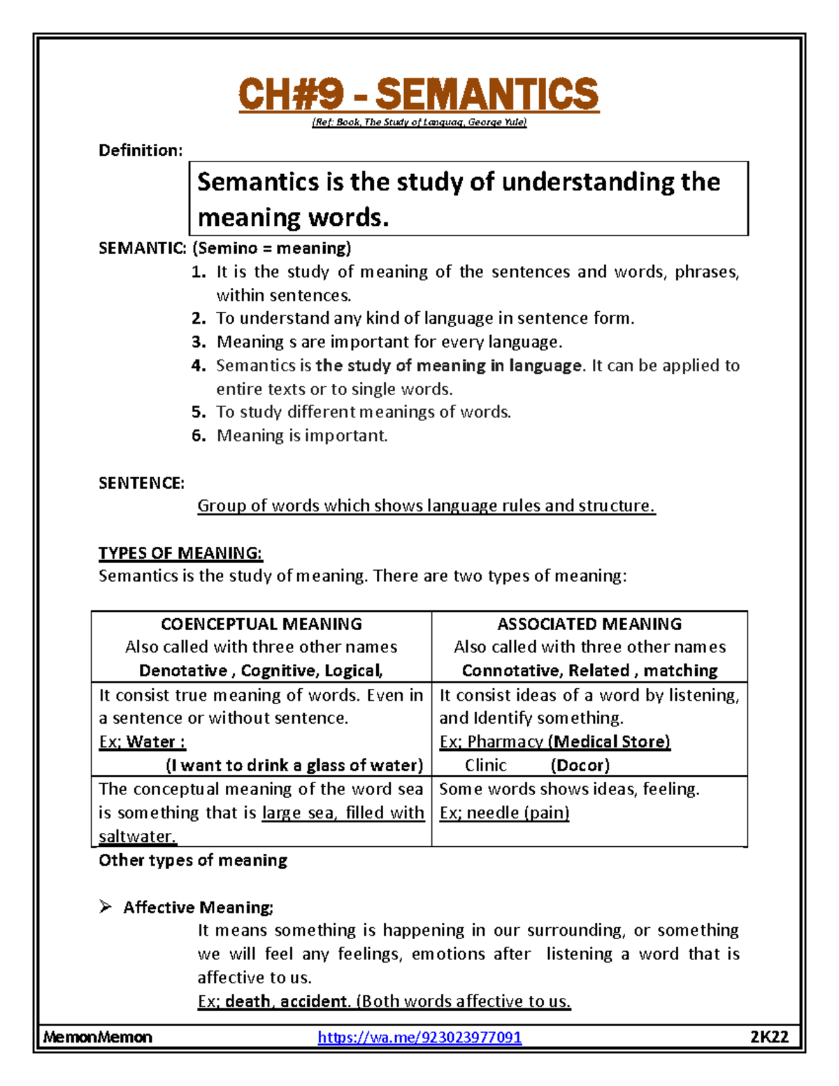 Semantix - i have written my own,, - CH#9 - SEMANTICS (Ref: Book, The Study of Languag, George ...