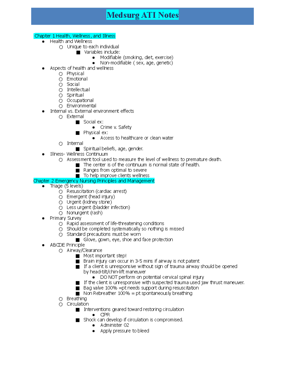 Medsurg ATI Notes - Chapter 1 Health, Wellness, and Illness Health and ...