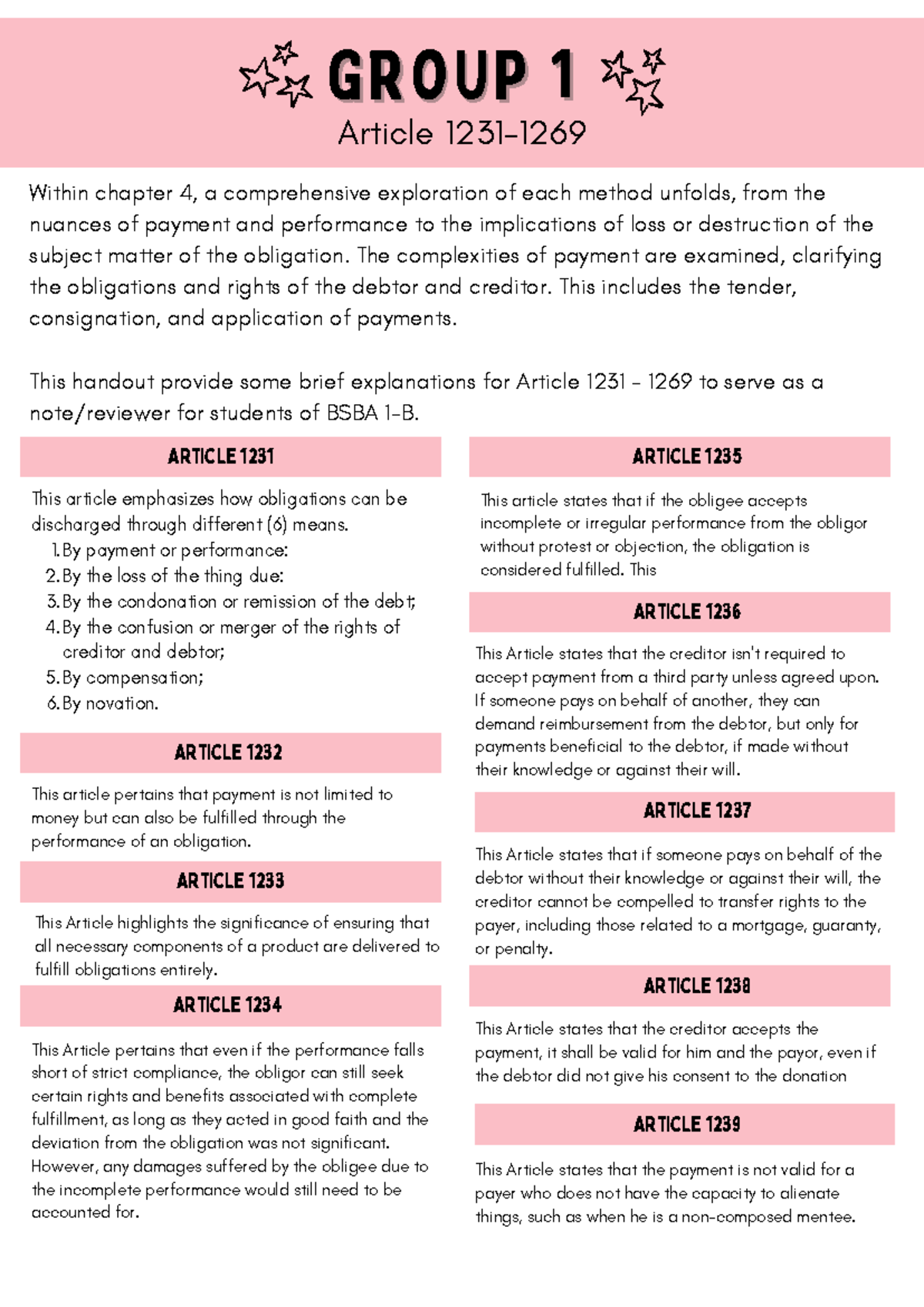 Short Handout. Oblicon - GROUP 1GROUP 1 Article 1231- Within chapter 4 ...
