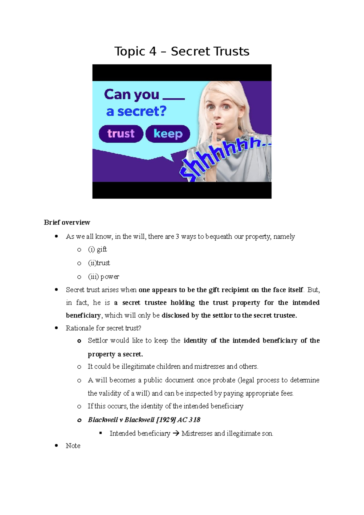 Topic 4 - Secret Trust - Topic 4 – Secret Trusts Brief overview As we ...