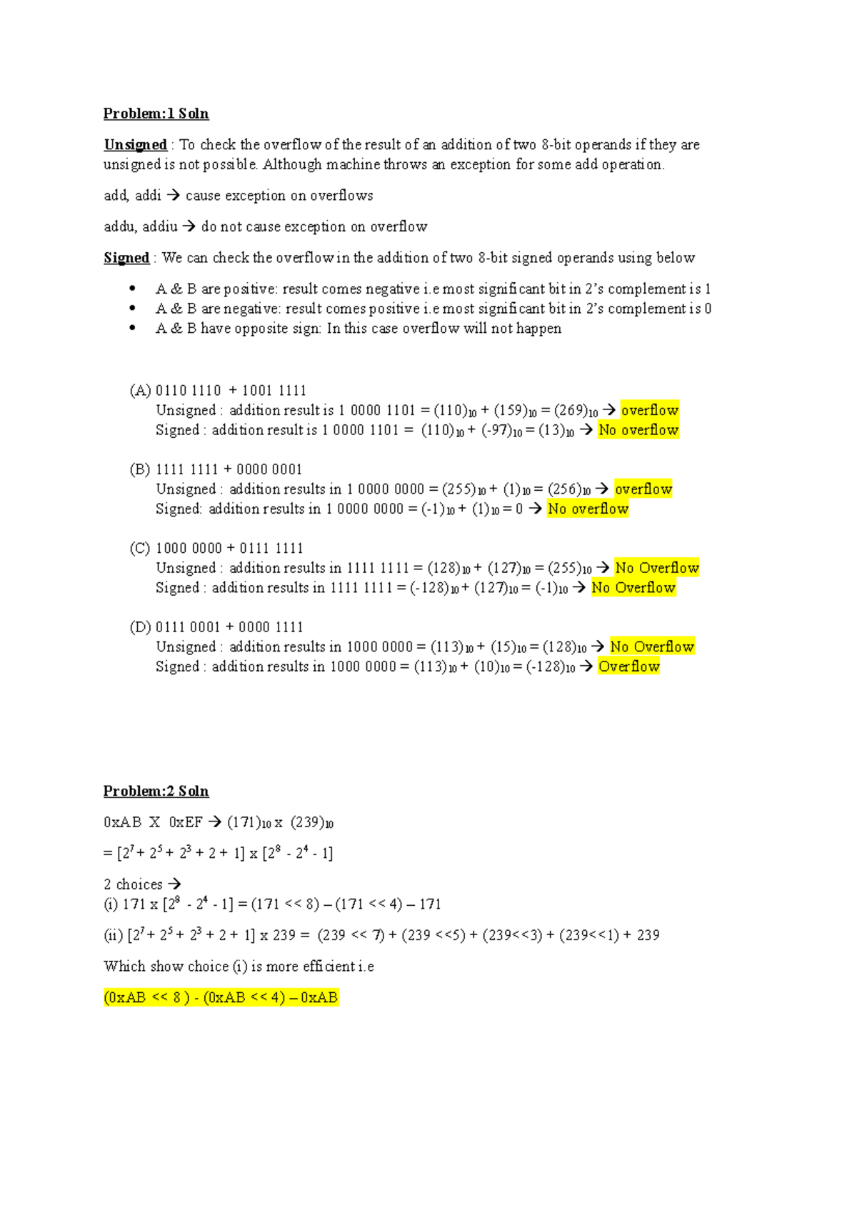Computing system architecture -6913: Homework 3 solution - Problem:1 Soln Unsigned : To check ...