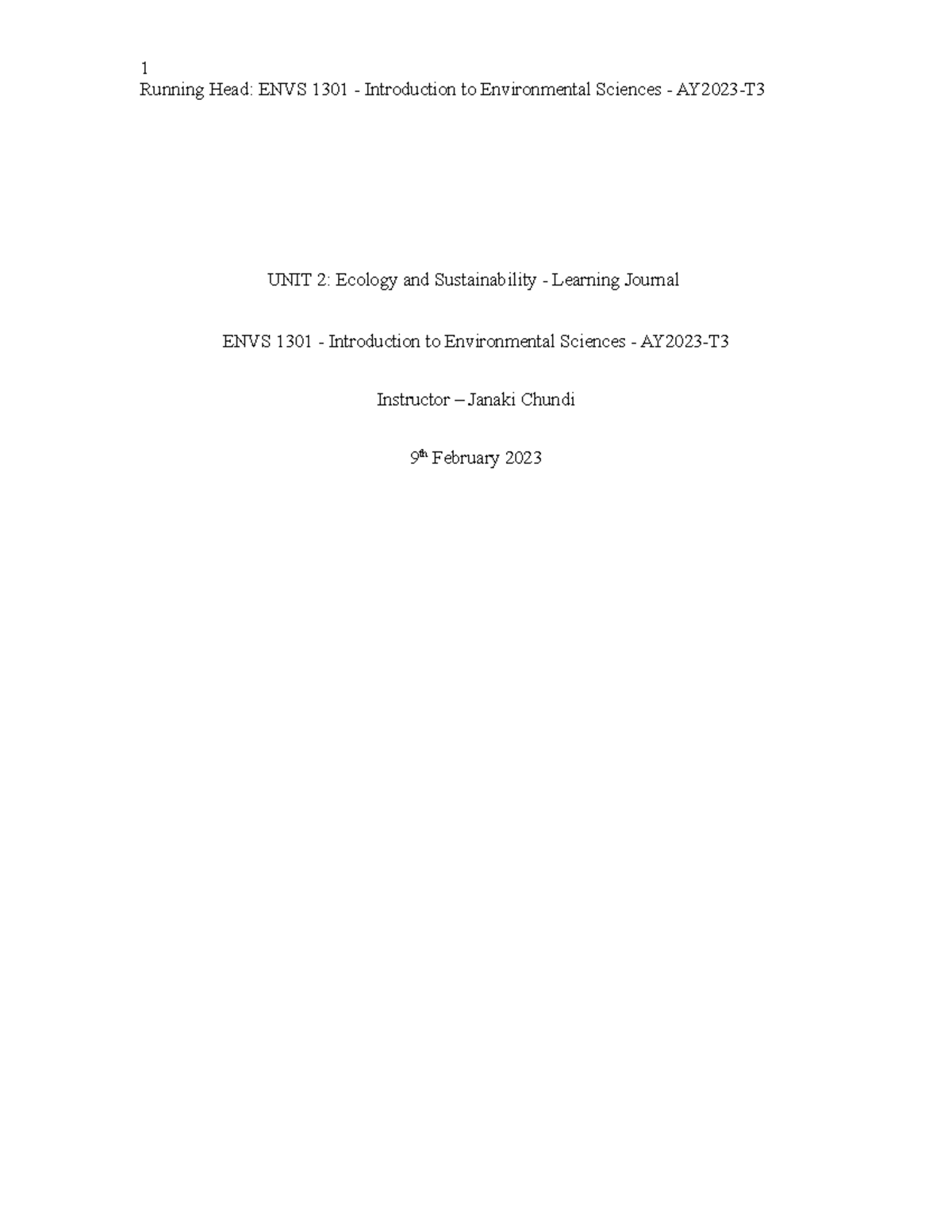 UNIT 1 - Understanding Our Environment - Learning Journal - Running ...