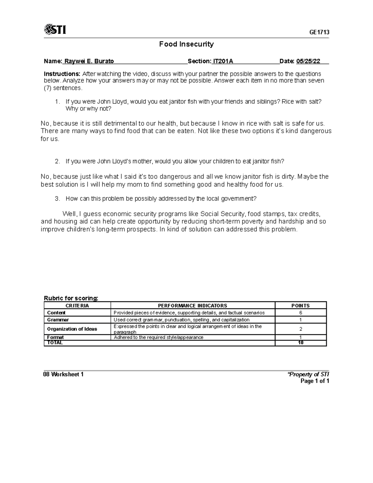 BR 08 Worksheet 1 - This is a seat work - GE Food Insecurity Name ...