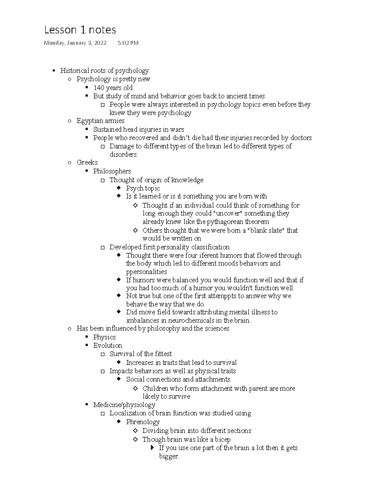 Psych 10 Lesson 1 notes - Historical roots of psychology Psychology is ...