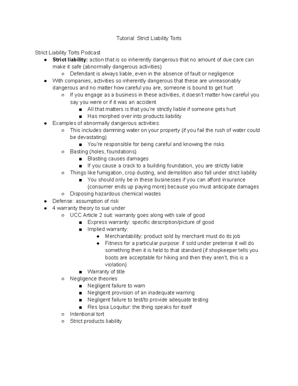 Tutorial Strict Liability Torts - Tutorial: Strict Liability Torts ...