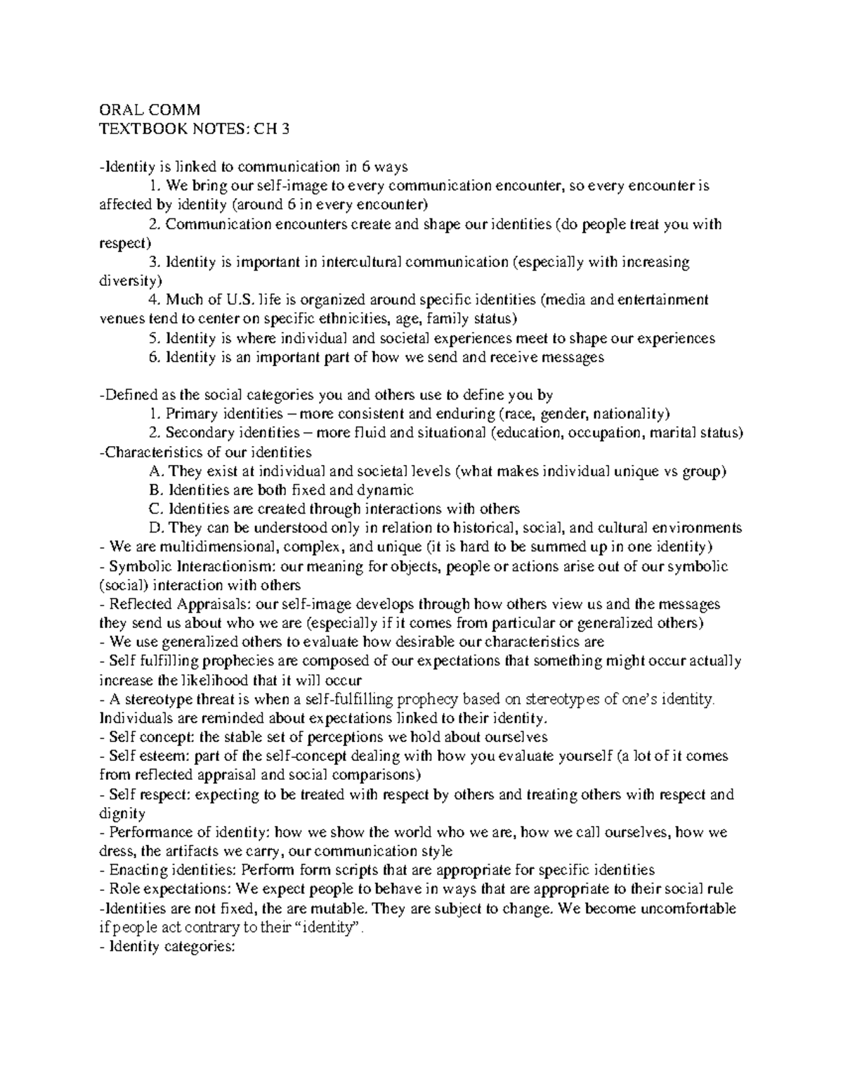 CH3 Notes - Identity - ORAL COMM TEXTBOOK NOTES: CH 3 -Identity is ...