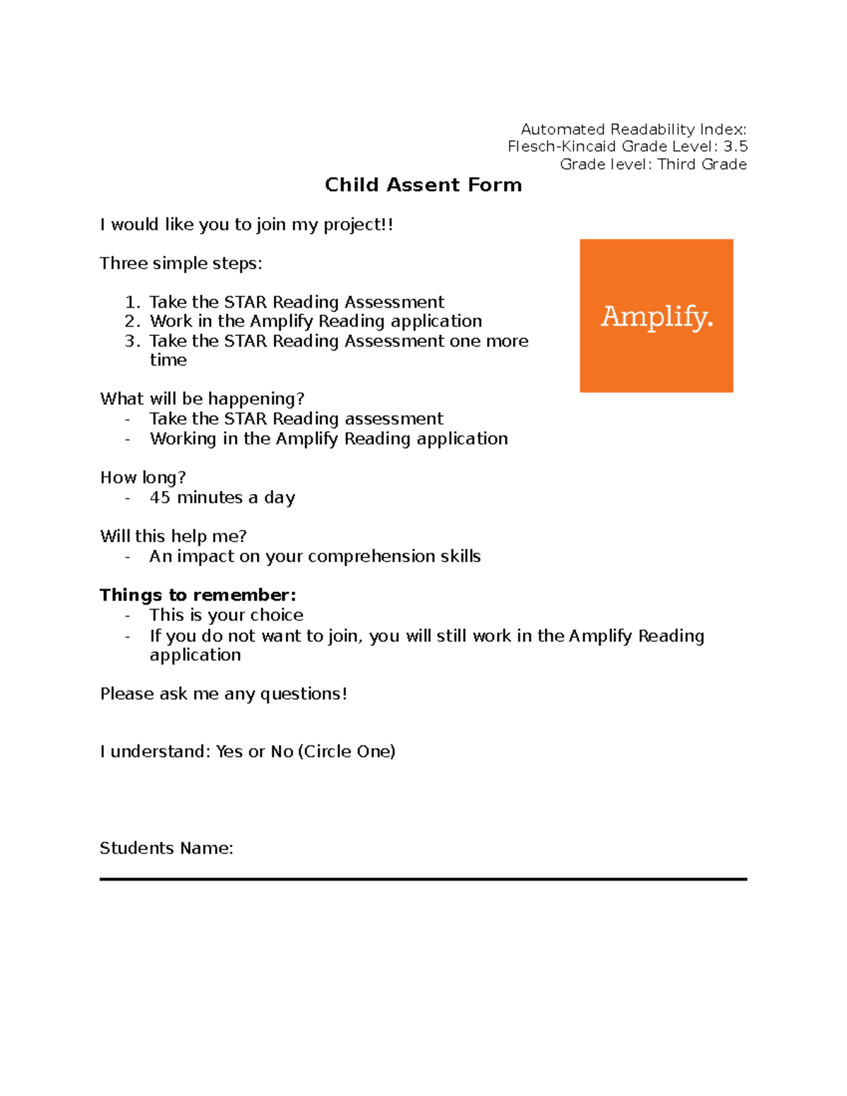Child Assent Form - D181 - Task 2 - Flesch-Kincaid Grade Level ...