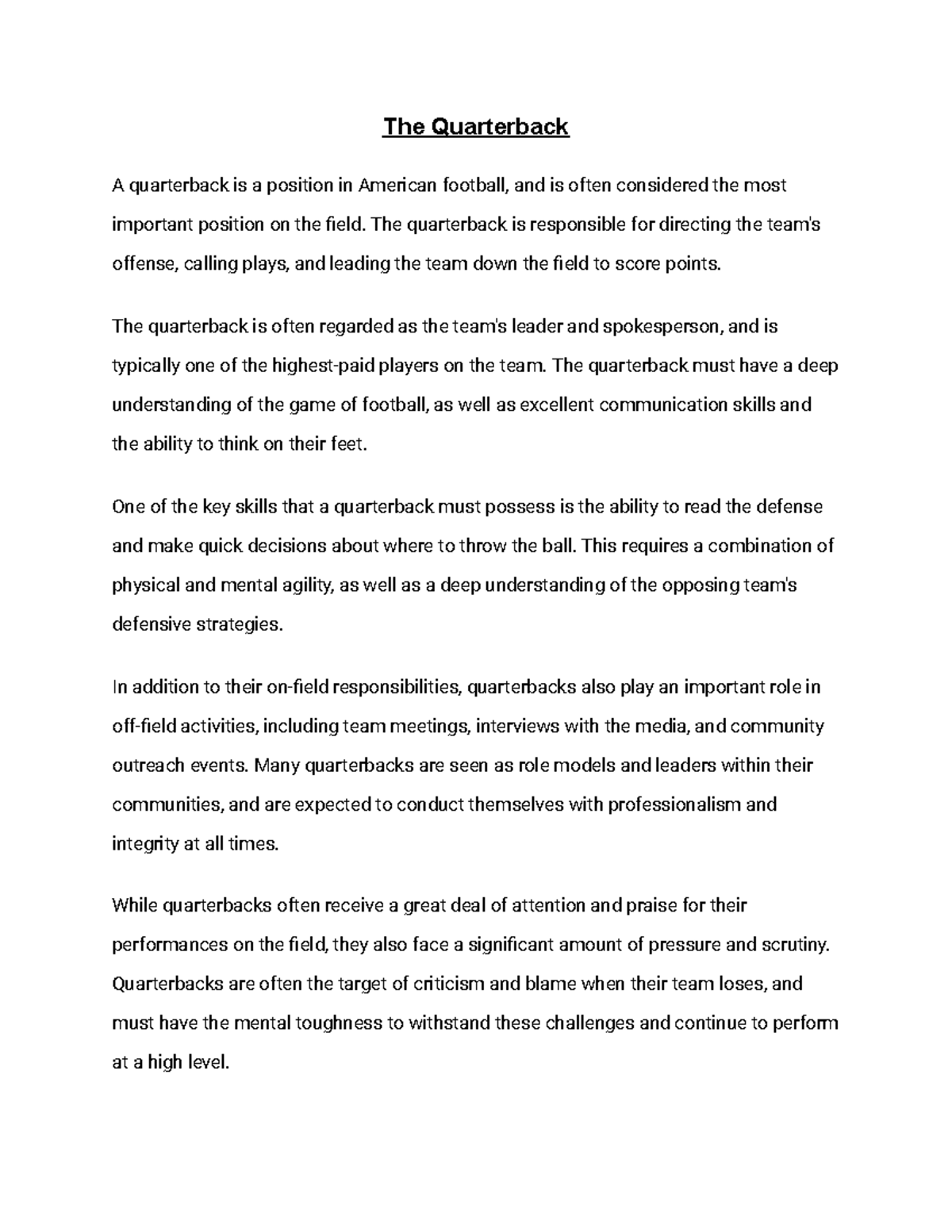 The QB - Rundown of the QB Position - The Quarterback A quarterback is ...