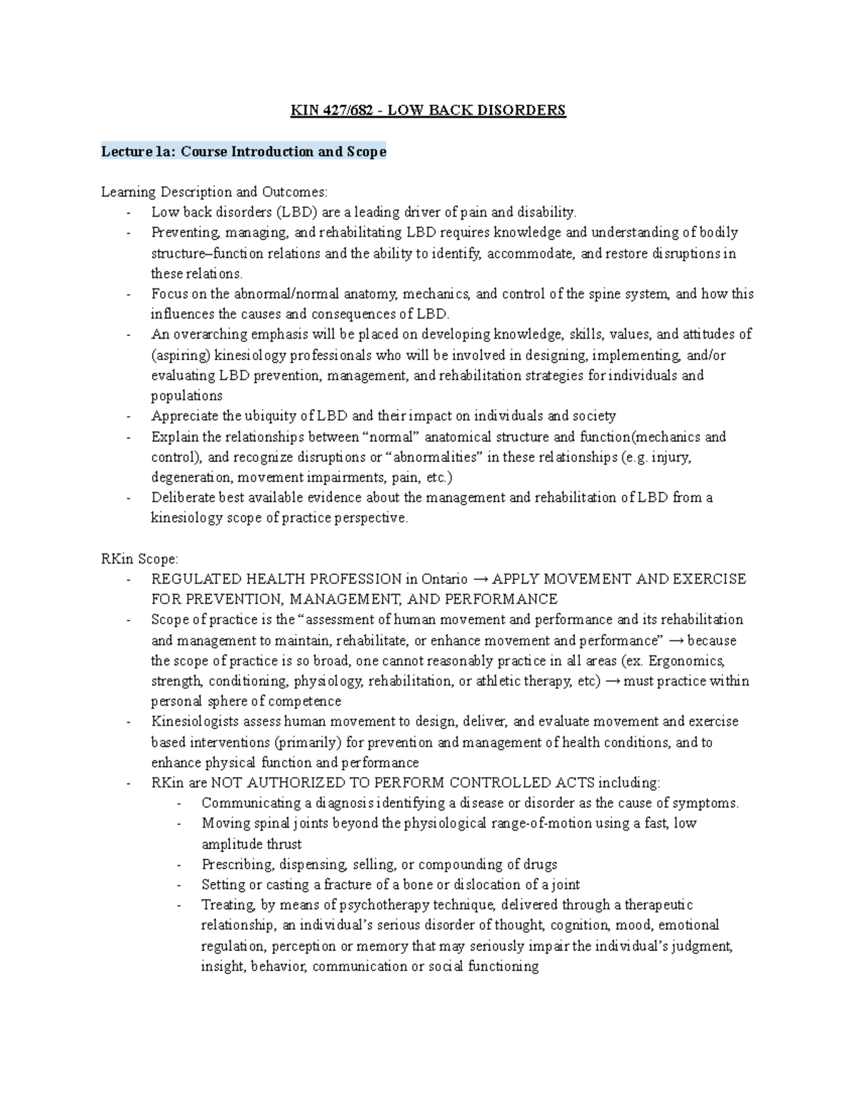 KIN 427 Final EXAM Review - KIN 427/682 - LOW BACK DISORDERS Lecture 1a ...