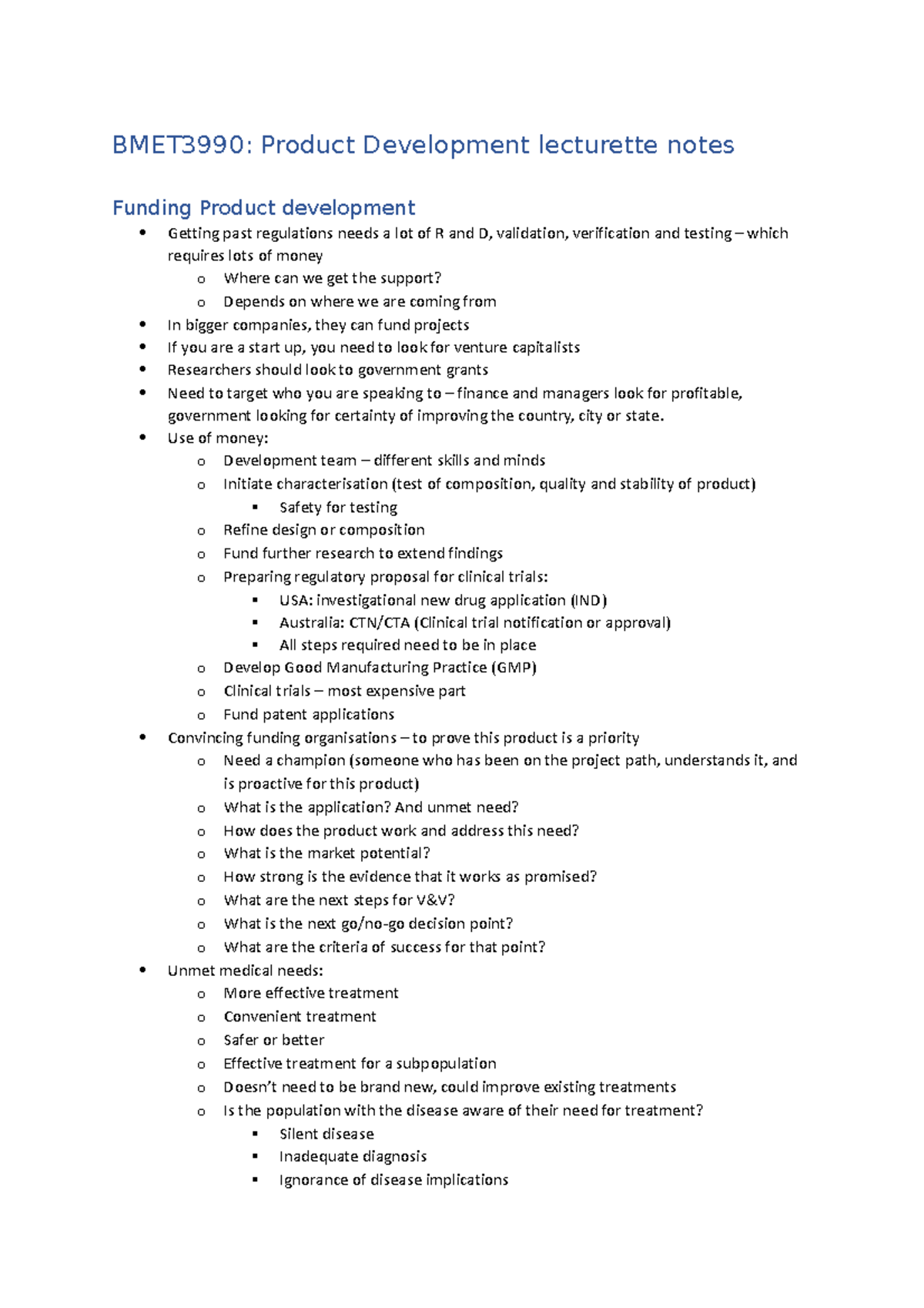 Bmet3990 Lecturette Notes Bmet3990 Product Development Lecturette