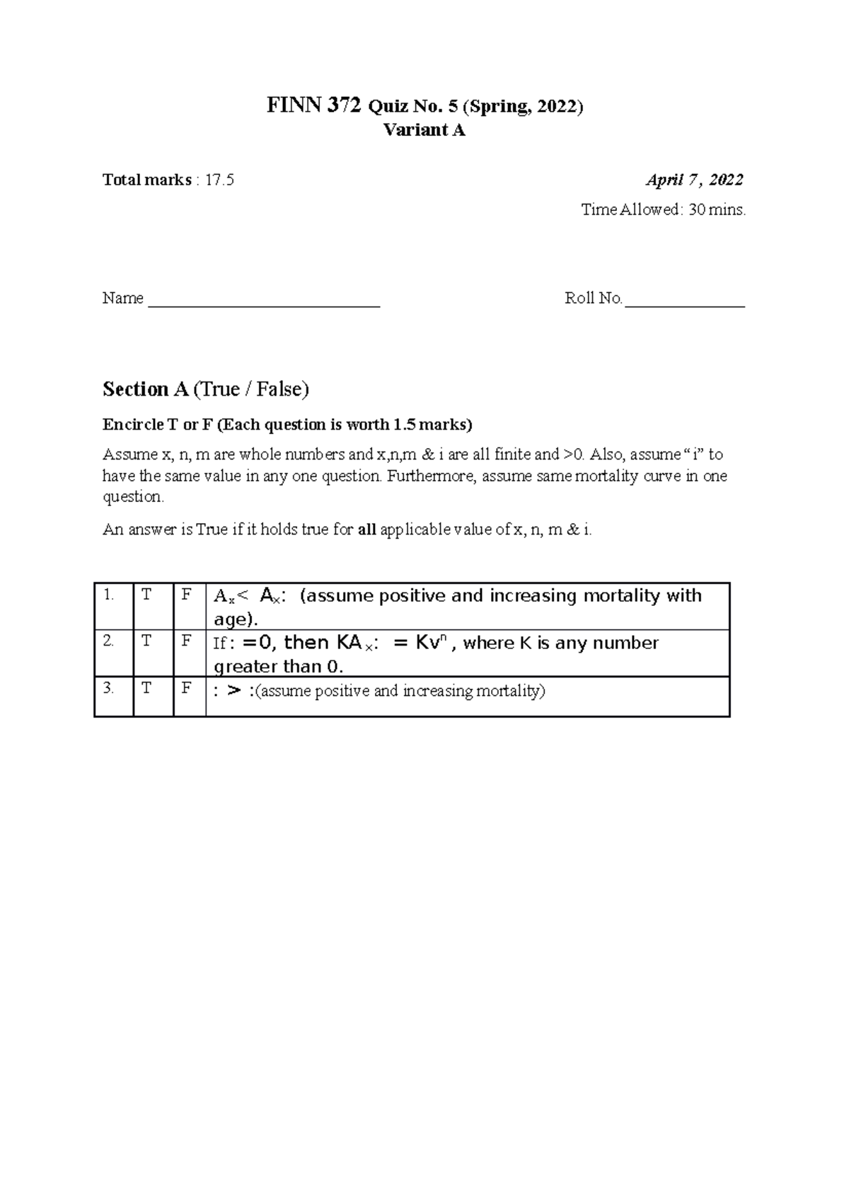 Quiz 5 - A - Practice quiz - FINN 372 Quiz No. 5 (Spring, 2022) Variant ...