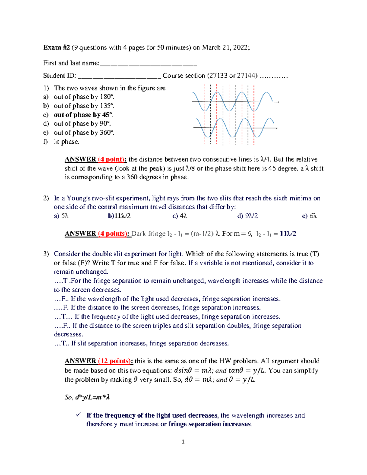 EXAM 2 PHYS27144 solution - Exam #2 (9 questions with 4 pages for 50 ...