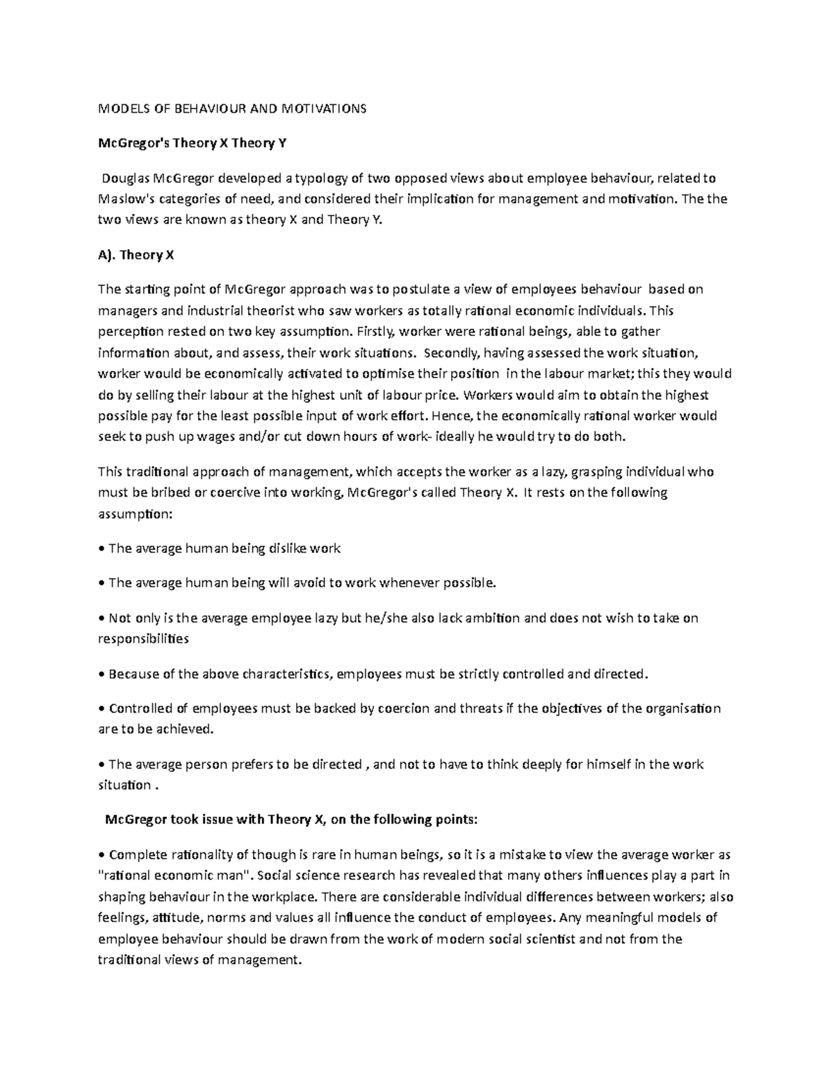 Theory X, Y, Z - MODELS OF BEHAVIOUR AND MOTIVATIONS McGregor's Theory ...
