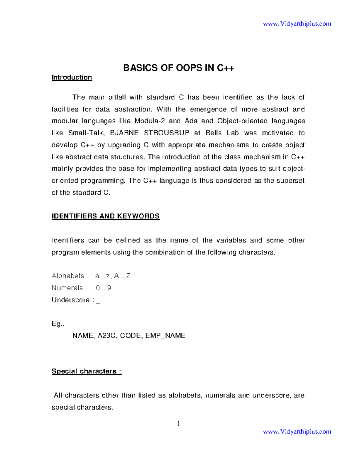 OOPS(C++)-Basics - Its lecture note - 1 BASICS OF OOPS IN C++ Introduction The main pitfall with ...