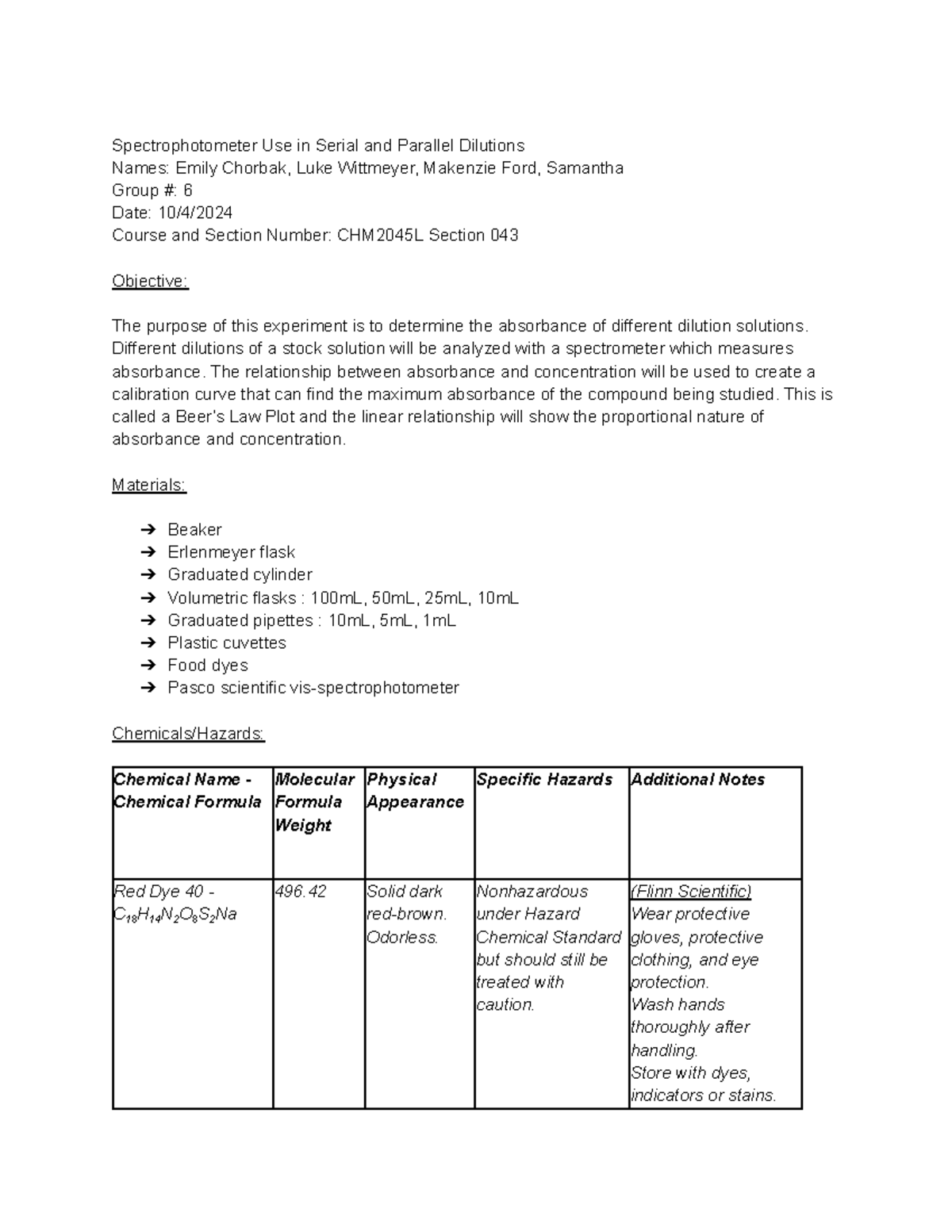 Module 2 pre-lab plan - Spectrophotometer Use in Serial and Parallel Dilutions Names: Emily ...