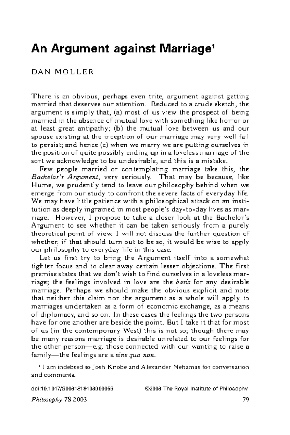 An argument against marriage - An Argument against Marriage 1 DA N M O ...