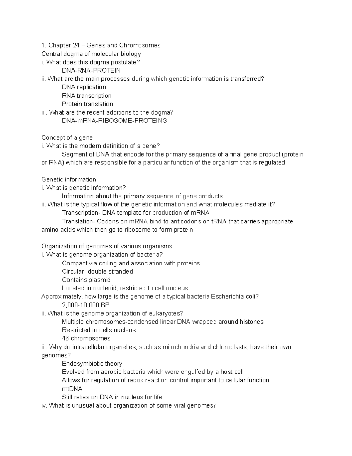 Test 4 study guide - 1. Chapter 24 – Genes and Chromosomes Central ...