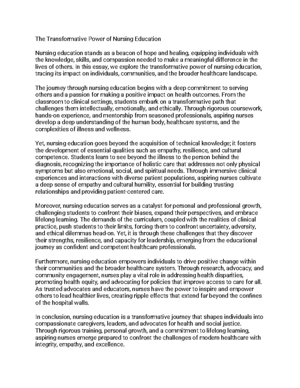 Nursing essay 2 - The Transformative Power of Nursing Education Nursing ...