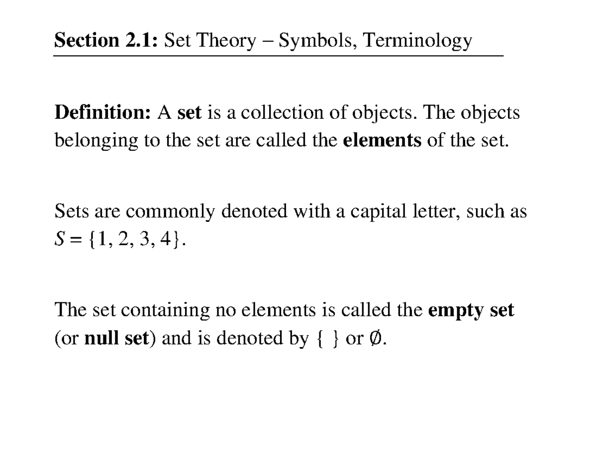 Lecture slides, lectures Section 2.1 - Set theory - symbols ...