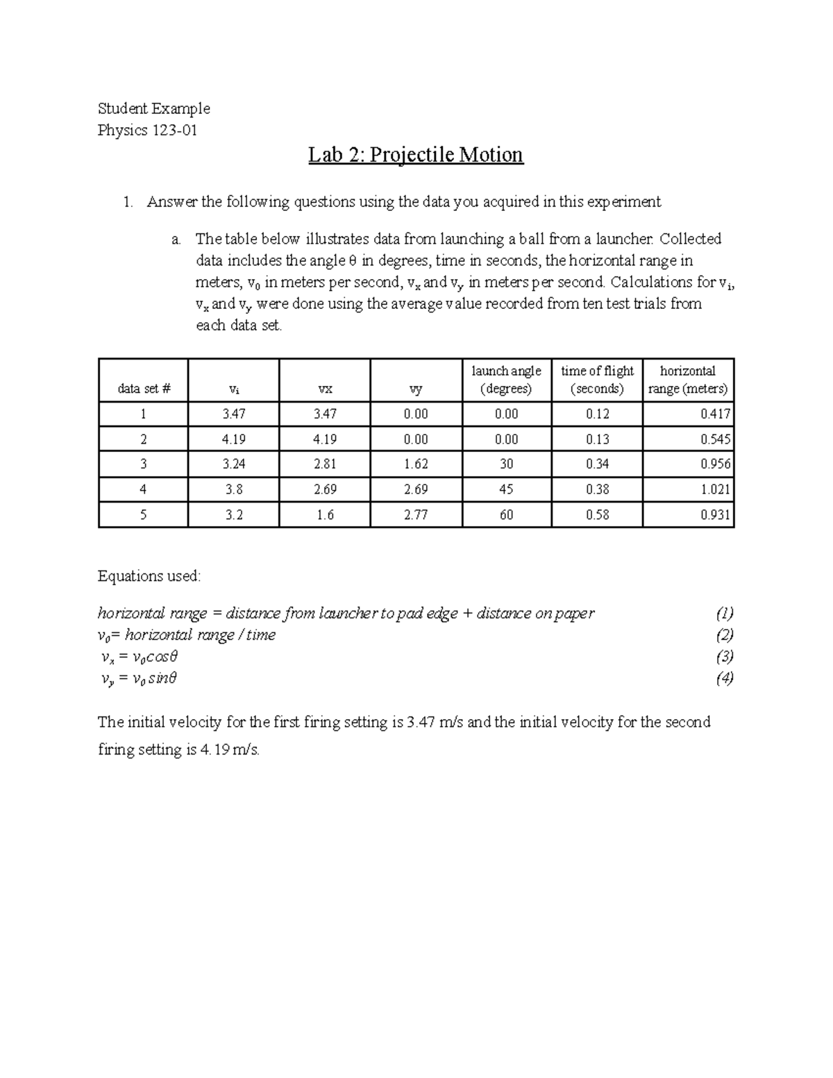 Lab 2: Projectile Motion - Student Example Physics 123- Lab 2 ...