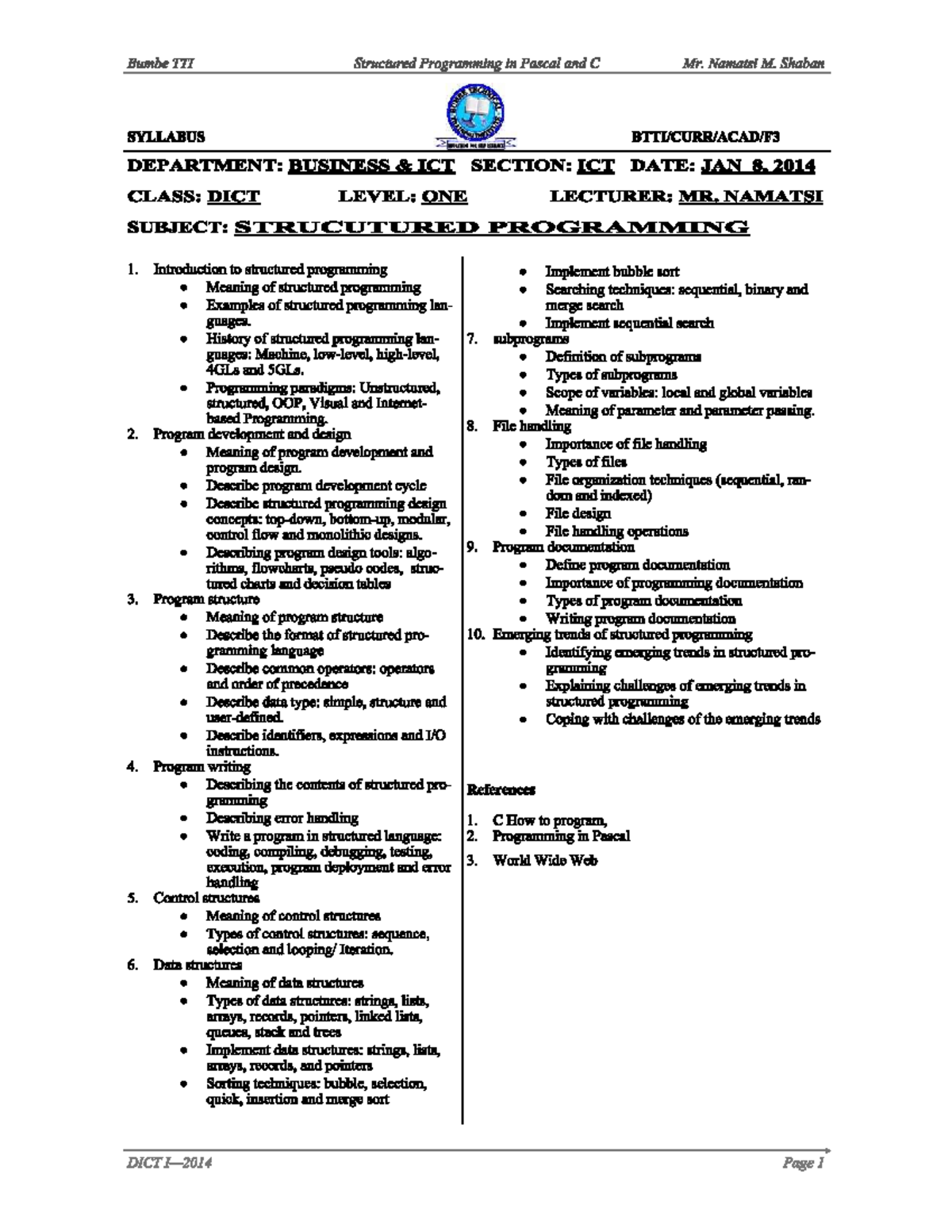 SP Short - TEACHING PRACTICE - Bumbe TTI Structured Programming in ...
