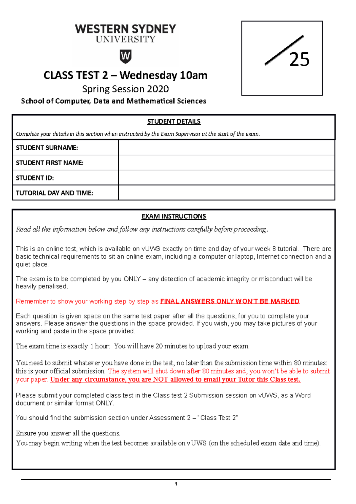 Management analytics class test 2 - CLASS TEST 2 – Wednesday 10am ...