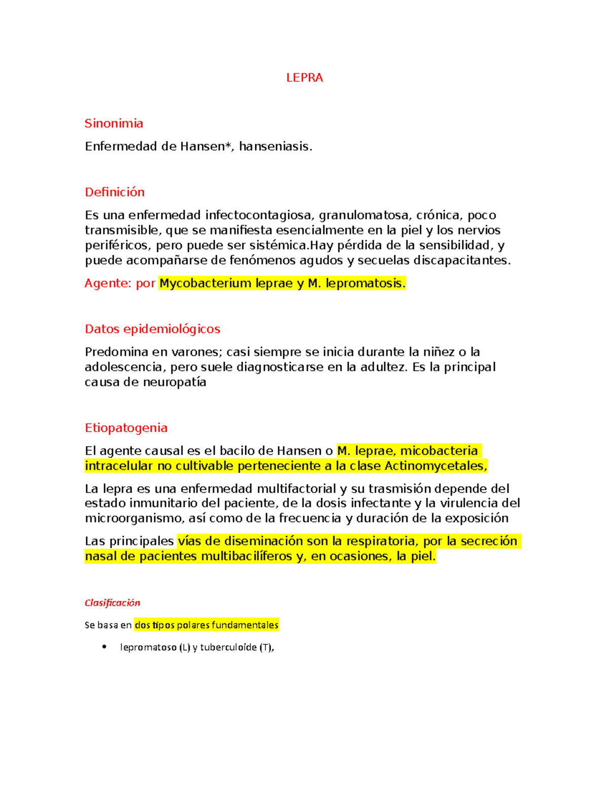 Lepra resumen - LEPRA Sinonimia Enfermedad de Hansen*, hanseniasis ...
