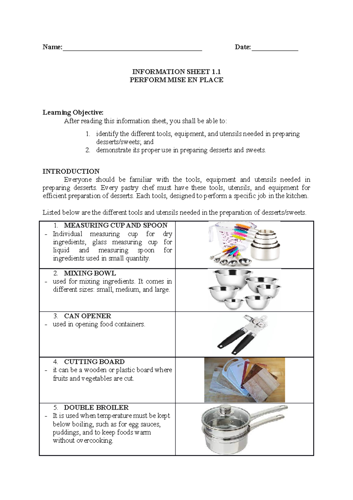 Infosheet in Mise en Place-TLE9 - Name ...