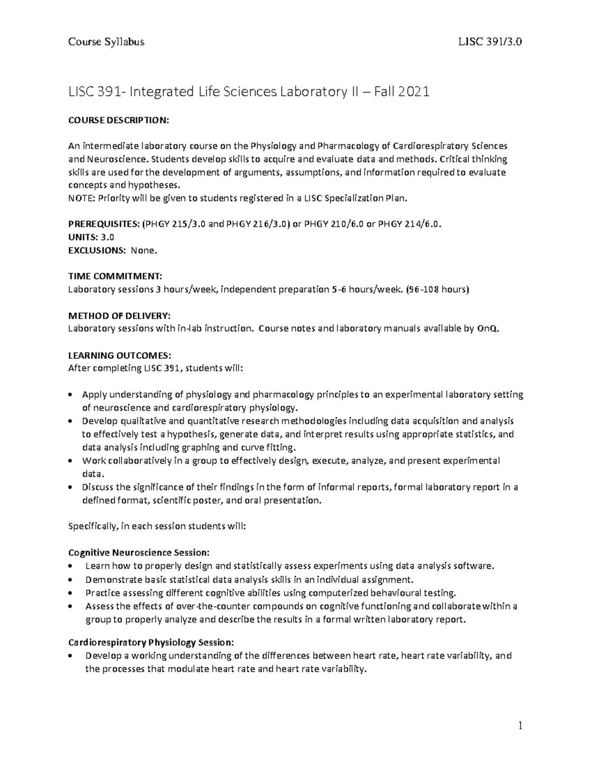 LISC 391 Syllabus - LISC 39 1 - Integrated Life Sciences Laboratory II ...